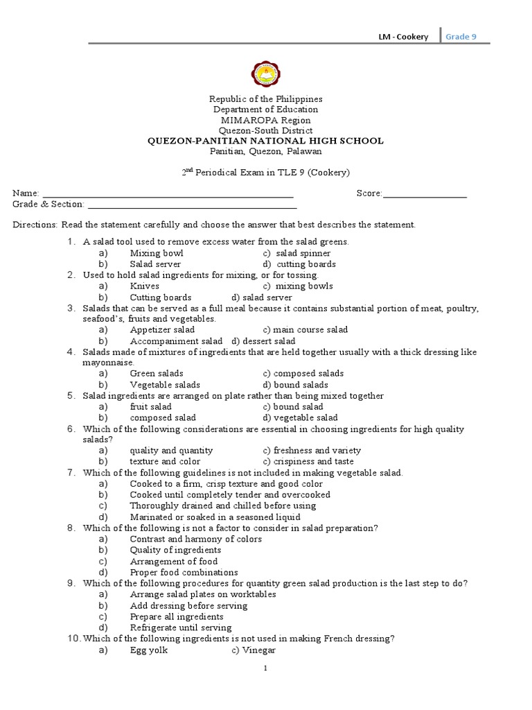 COOKERY 2nd Quarter Exam | PDF | Salad | Meal