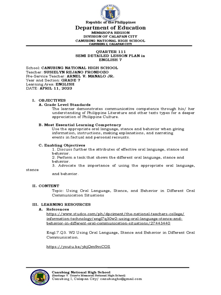 English 7 Lesson Plan: Oral Communication | PDF | Teachers | Learning