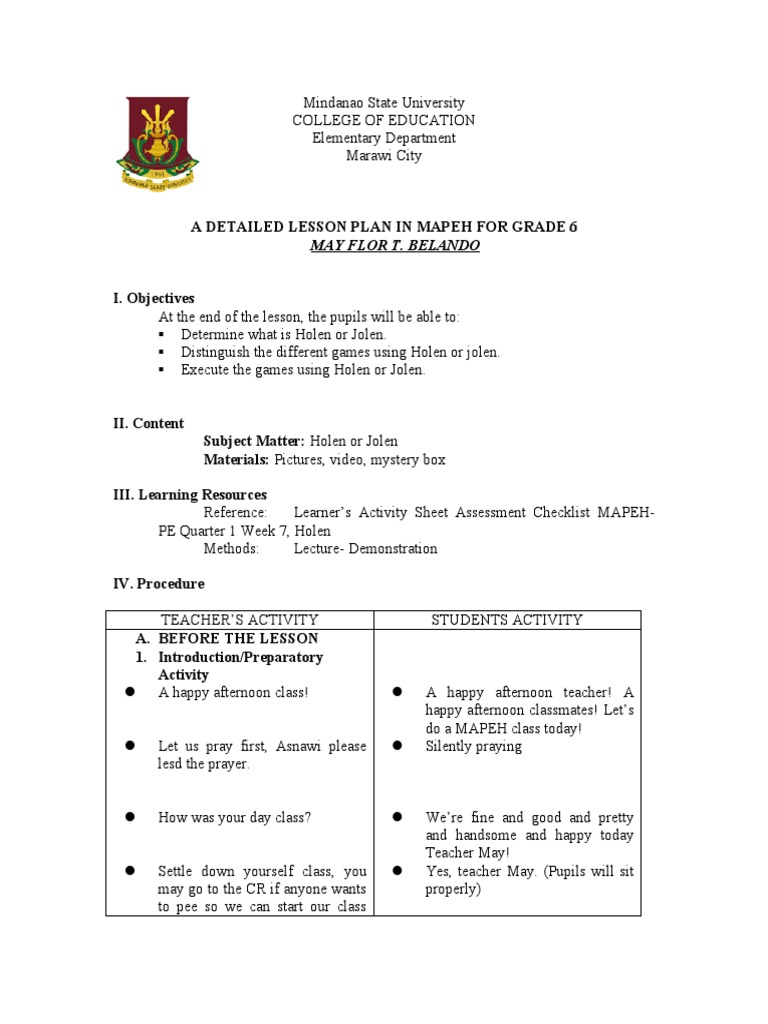 Detailed MAPEH Lesson Plan for Grade 6 | PDF | Lesson Plan | Teachers