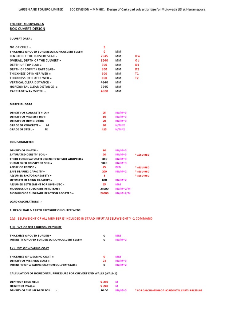 Design Of Box Culvert For Road Crossing At Ch 450 To 500 01 07 13