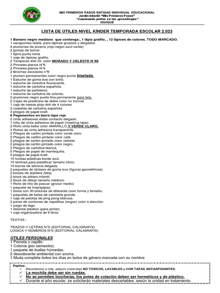 Lista de Utiles Kinder 2023 PDF | PDF | Lápiz | Materiales de ...