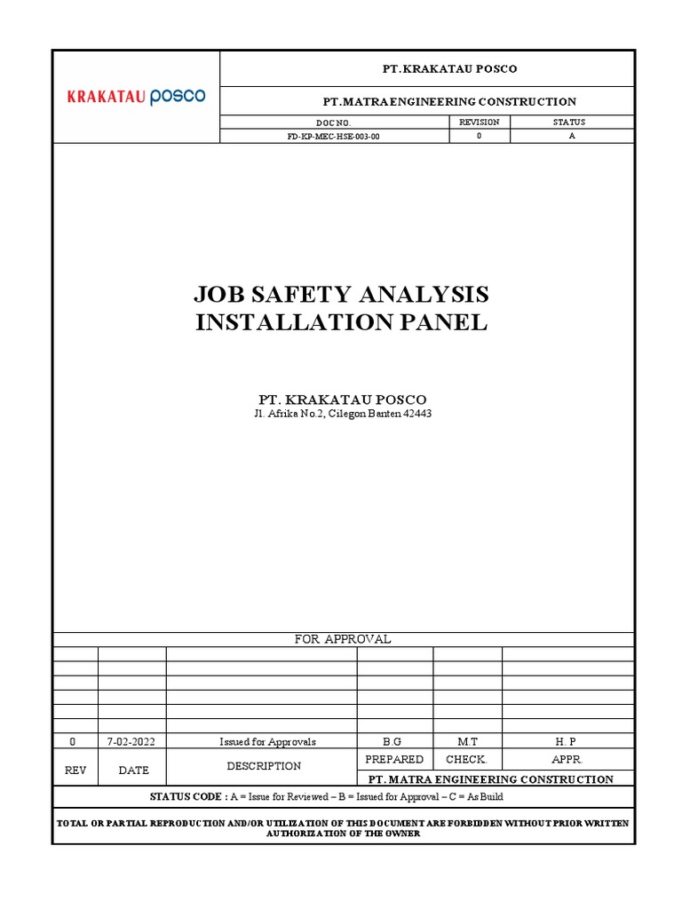 FD-KP-MEC-HSE-003-00 JSA Installation Panel | PDF