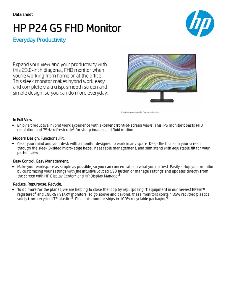 FICHA TECNICA HP P24 G5 FHD Monitor | PDF | Computer Monitor | Hdmi