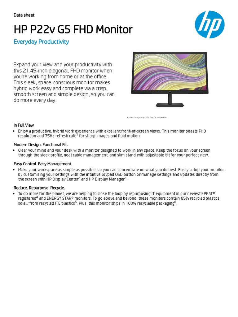 FICHA TECNICA HP P22v G5 FHD Monitor | PDF | Computer Monitor ...