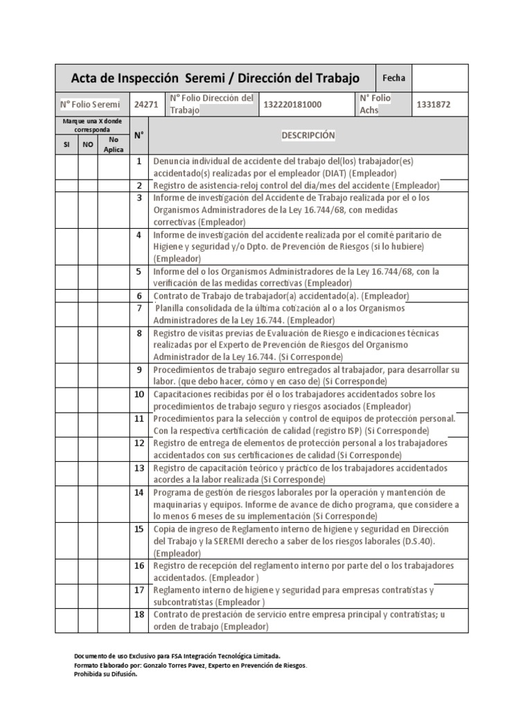 Formato Acta de Inspección Seremi Dirección Del Trabajo | PDF ...