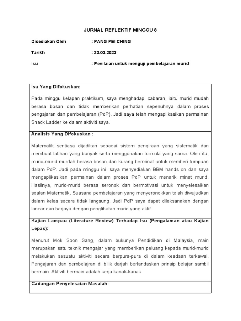 Jurnal Reflektif Minggu 8, 9, 10 | PDF