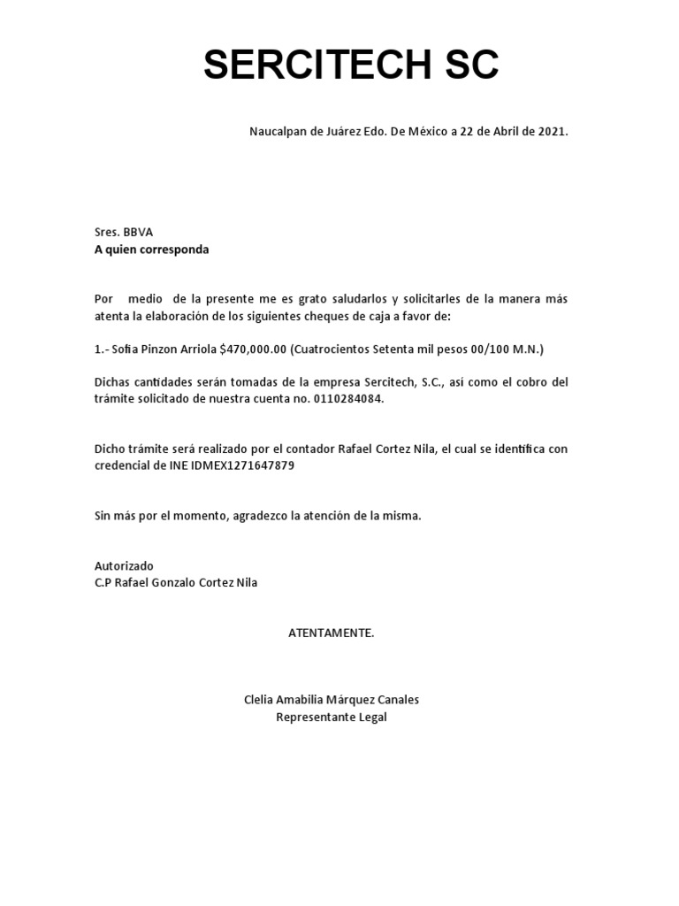 Carta Bancomer Cheque de Caja | PDF