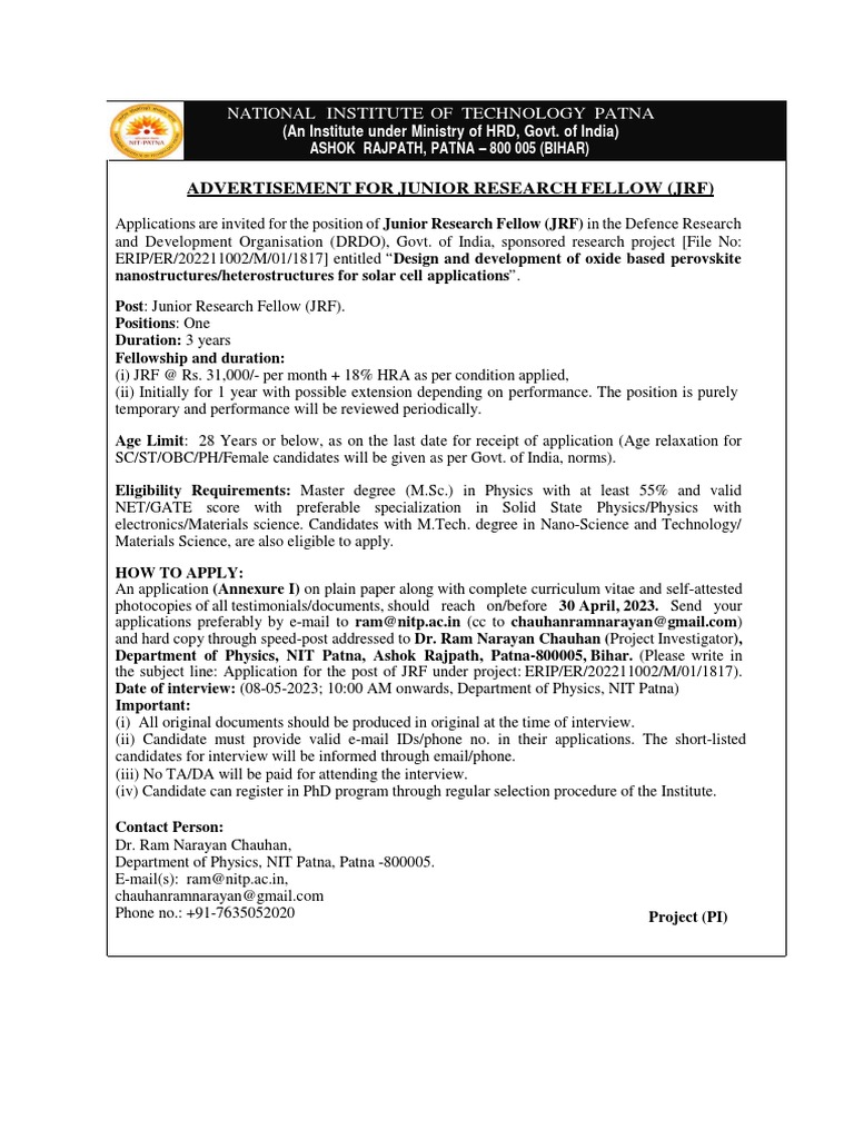 JRF Position - NIT Patna - Revised-1 | PDF