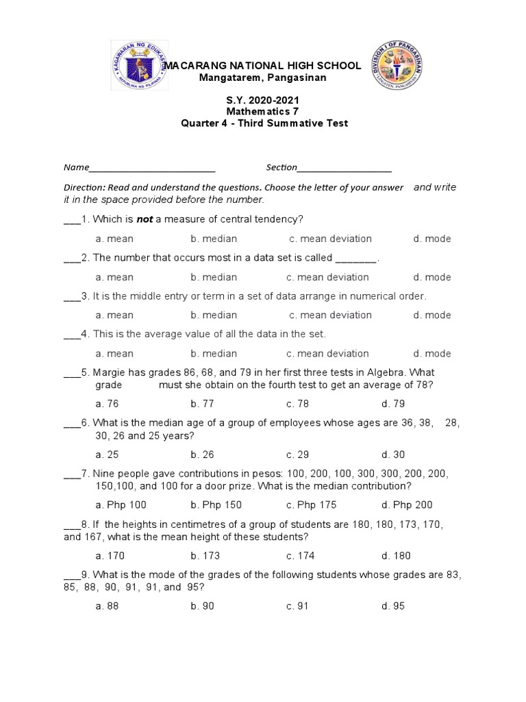 Q4 THIRD SUMMATIVE TEST Math 7 | PDF | Mean | Mode (Statistics)