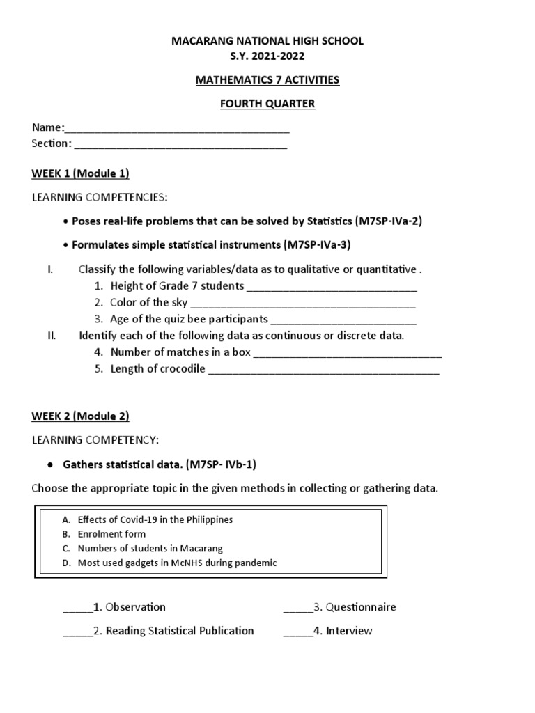 Grade 7 Activities Fourth Quarter | PDF | Mean | Statistics