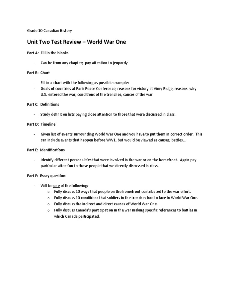 Grade 10 WWI Test Review Guide | PDF