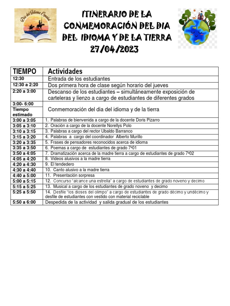 Itinerario de La Conmemoración Del Dia Del Idioma y de La Tierra | PDF ...