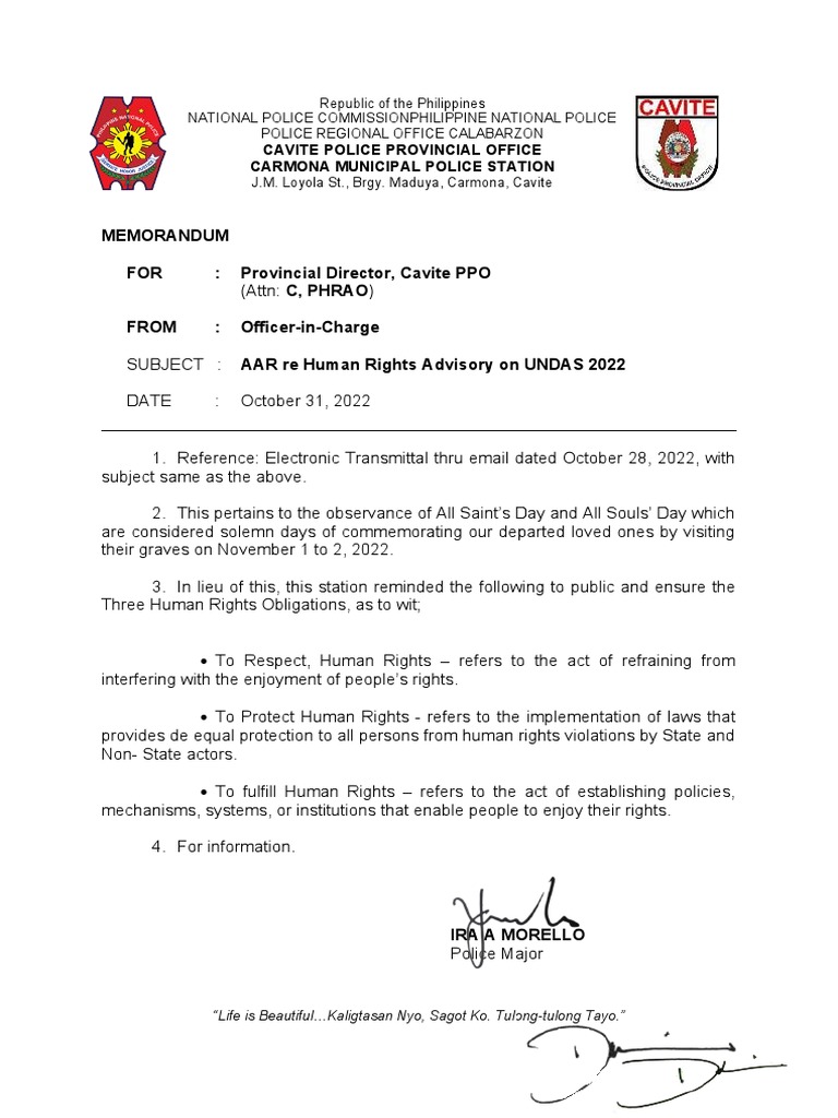 Memorandum FOR: Provincial Director, Cavite PPO From: Officer-in-Charge ...