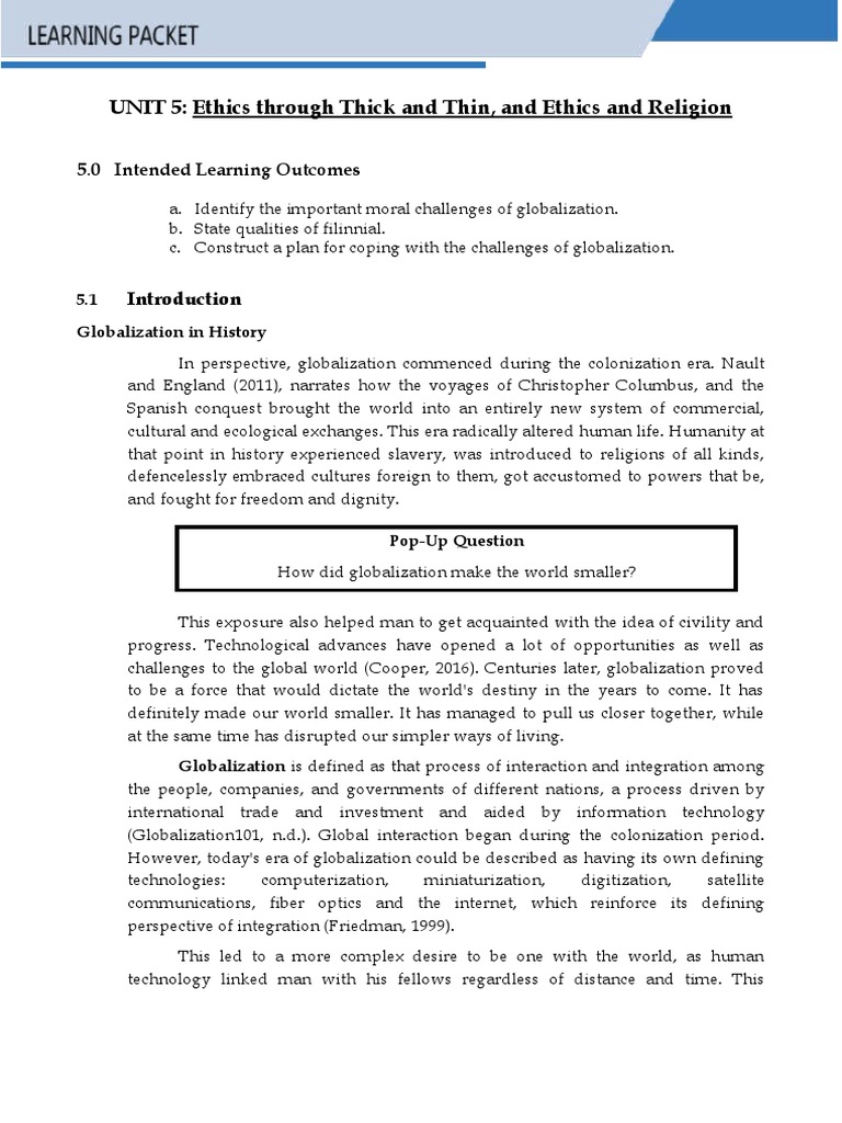 Learning Packet 5 Ethics Through Thick and Thin and Ethics and Religion ...