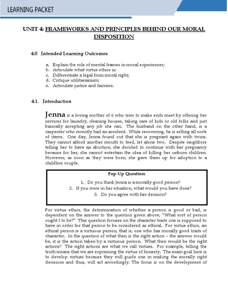 Learning Packet 4 Frameworks and Principles Behind Our Moral Disposition Frameworks | PDF ...