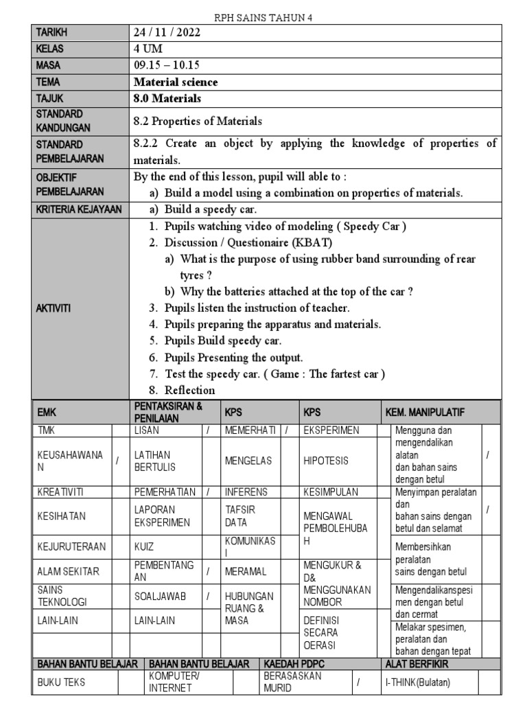 Lesson Plan Science Tahun 4 | PDF