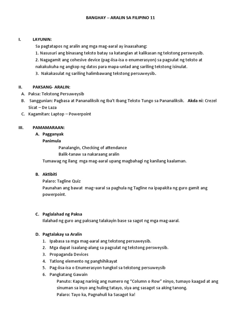 Banghay Aralin Fil.11 Persuweysib | PDF