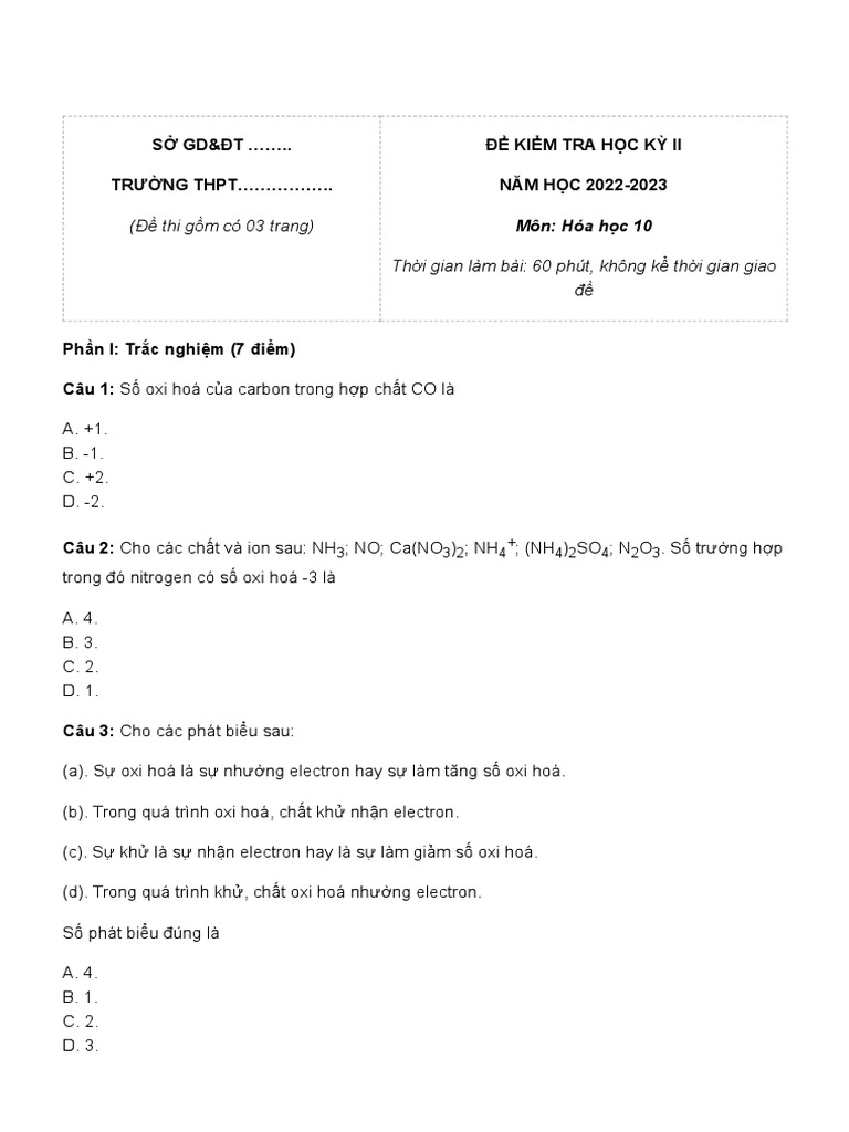 De Thi Hoc Ki 2 Mon Hoa Hoc 10 Canh Dieu | PDF