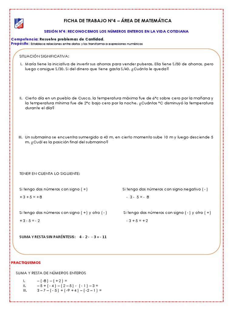 2DO FICHA DE TRABAJO 4 números enteros.pdf | PDF