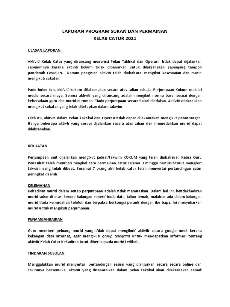 LAPORAN PROGRAM SUKAN DAN PERMAINAN CATUR 2021 | PDF