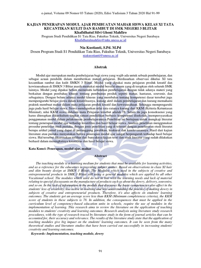 Kajian Penerapan Modul Ajar Pembuatan Mahar Siswa Kelas Xi Tata ...