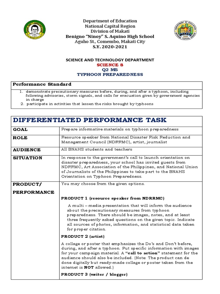 TYPHOON PREPAREDNESS - Differentiated Performance Task | PDF | Rubric (Academic) | Makati