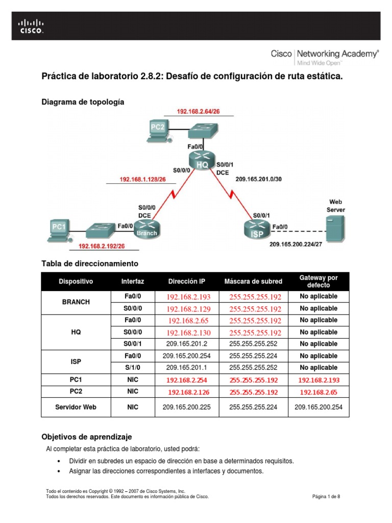 Practica de Laboratorio 2 8 2 Desafio de | PDF | Enrutador (Computación) | Dirección IP