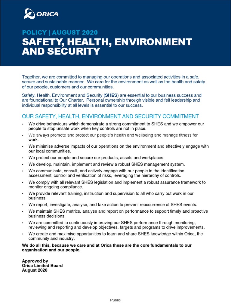 Safety Health Environment Security Policy | PDF | Safety | Occupational ...