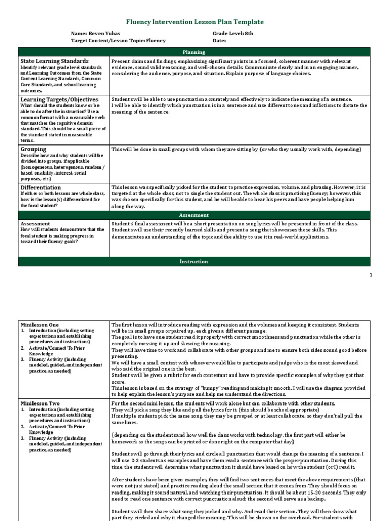 Assessing and Teaching Fluency Mini Lesson Template | PDF | Learning | Punctuation