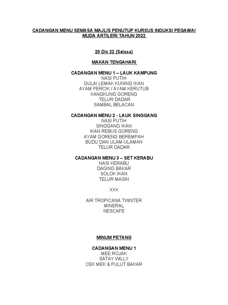 Cadangan Menu Semasa Majlis Penutup Kursus Induksi Pegawai Muda RAD ...