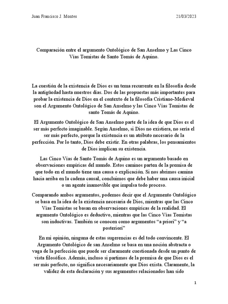 Comparación Entre El Argumento Ontológico de San Anselmo y Las Cinco Vías Tomistas de Santo ...