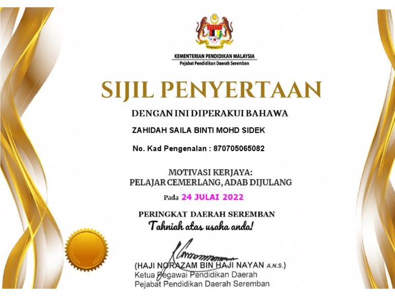 SIJIL PROGRAM MOTIVASI - PELAJAR CEMERLANG, ADAB DIJULANG.pdf | PDF