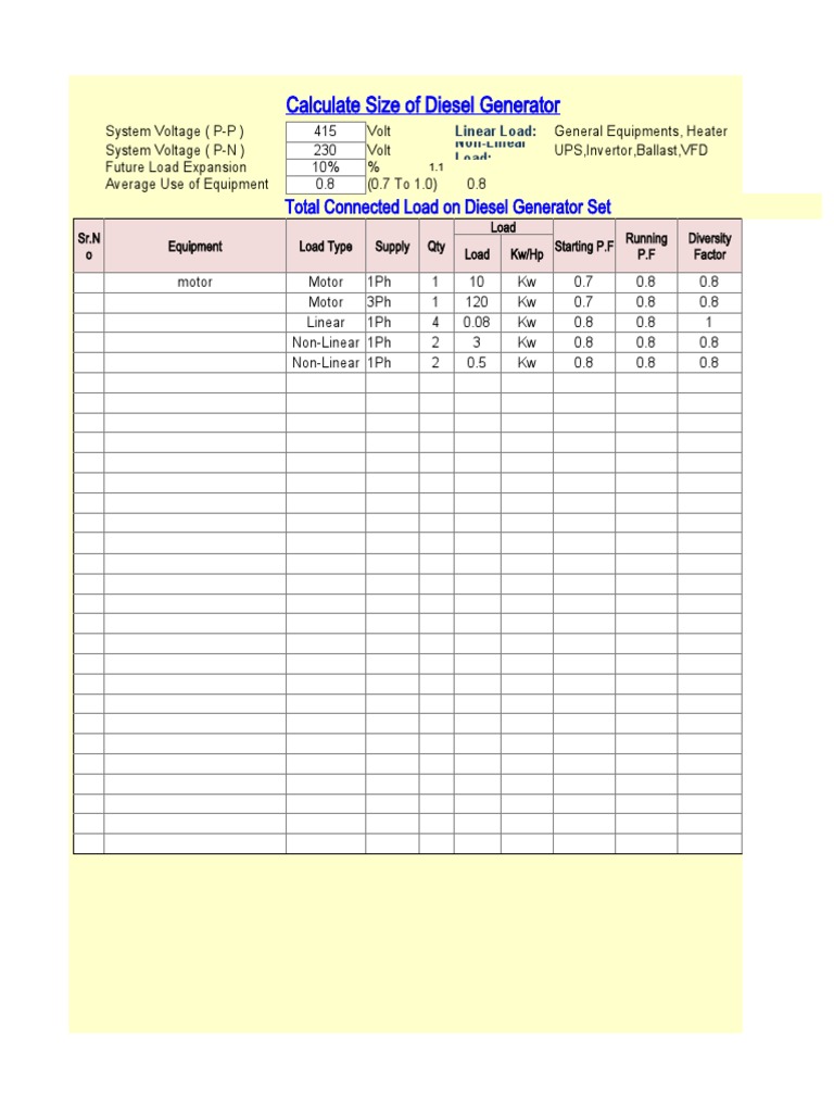 Calculate Size of Diesel Generator | PDF | Electromagnetism ...