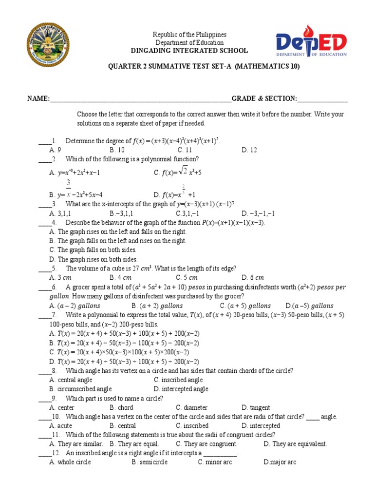 Mathematics 10 Quarter 2 Test Guide | PDF | Circle | Angle