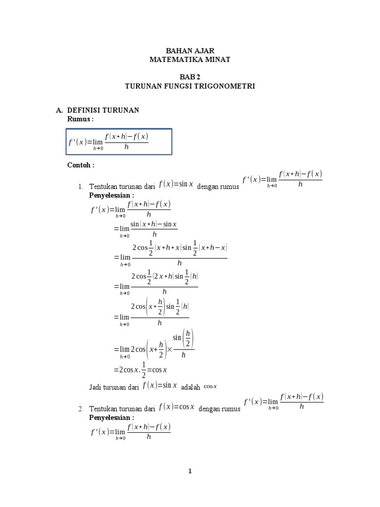 Bahan Ajar Turunan Trigonometri | PDF