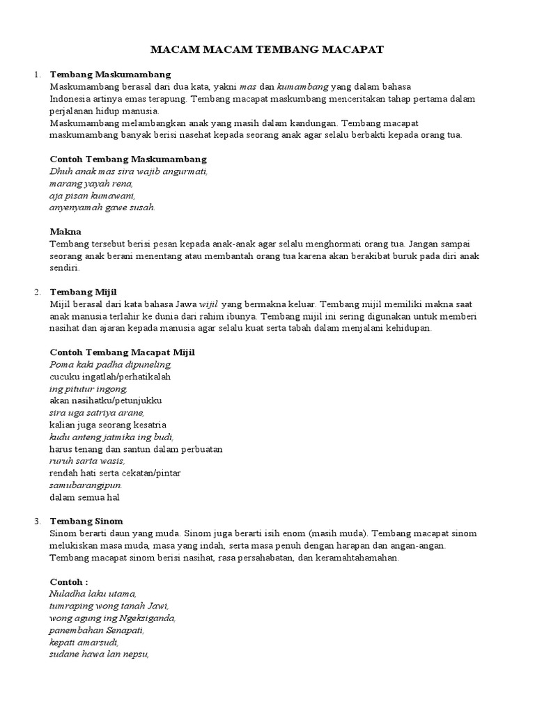 Macam Macam Tembang Macapat | PDF