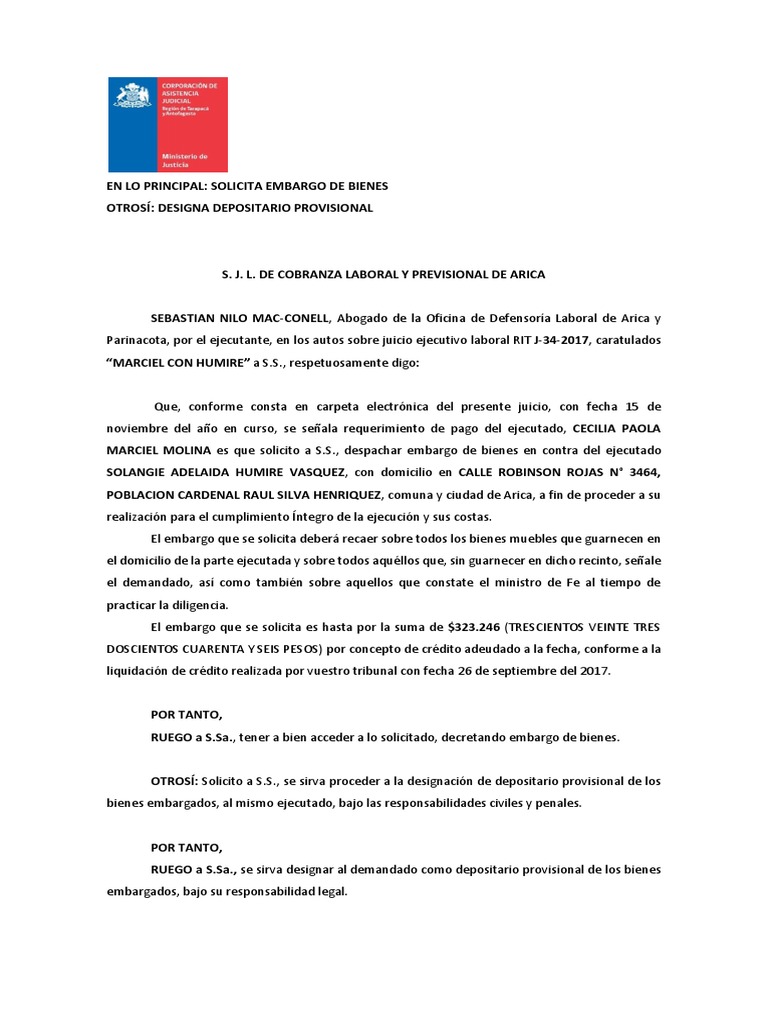 J-34-2017 Solicita Embargo de Bienes y Designa Depositario Provisional ...