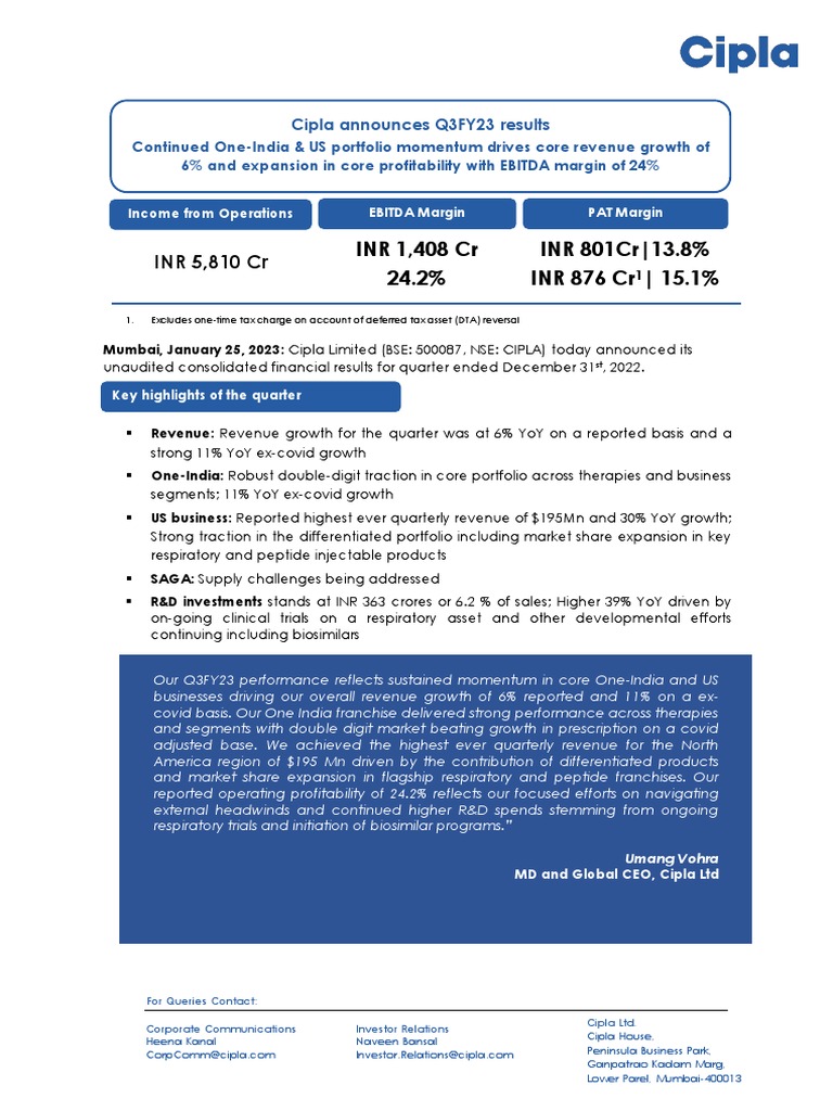 Cipla Q3FY23 Press Release | PDF | Balance Sheet | Economies