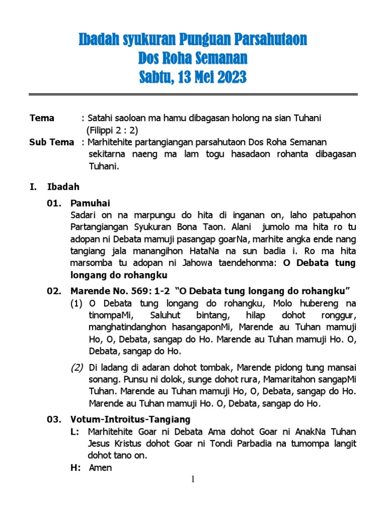 Ibadah Bona Taon Punguan Dos Ni Roha | PDF