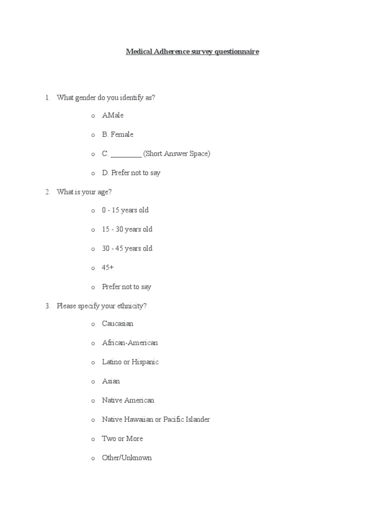 Medical Adherence Survey Questionnaire | PDF | Race And Ethnicity In ... Medical Adherence Survey Questionnaire | PDF | Race And Ethnicity In ...