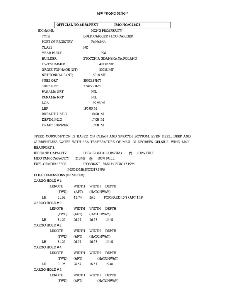 MV Yong Ning Particulars | PDF | Tonnage | Water Transport