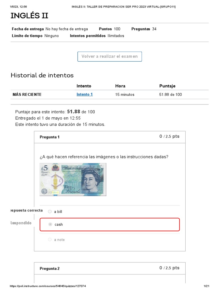INGLÉS II_ TALLER DE PREPARACION SER PRO 2023 VIRTUAL-[GRUPO11].pdf | PDF