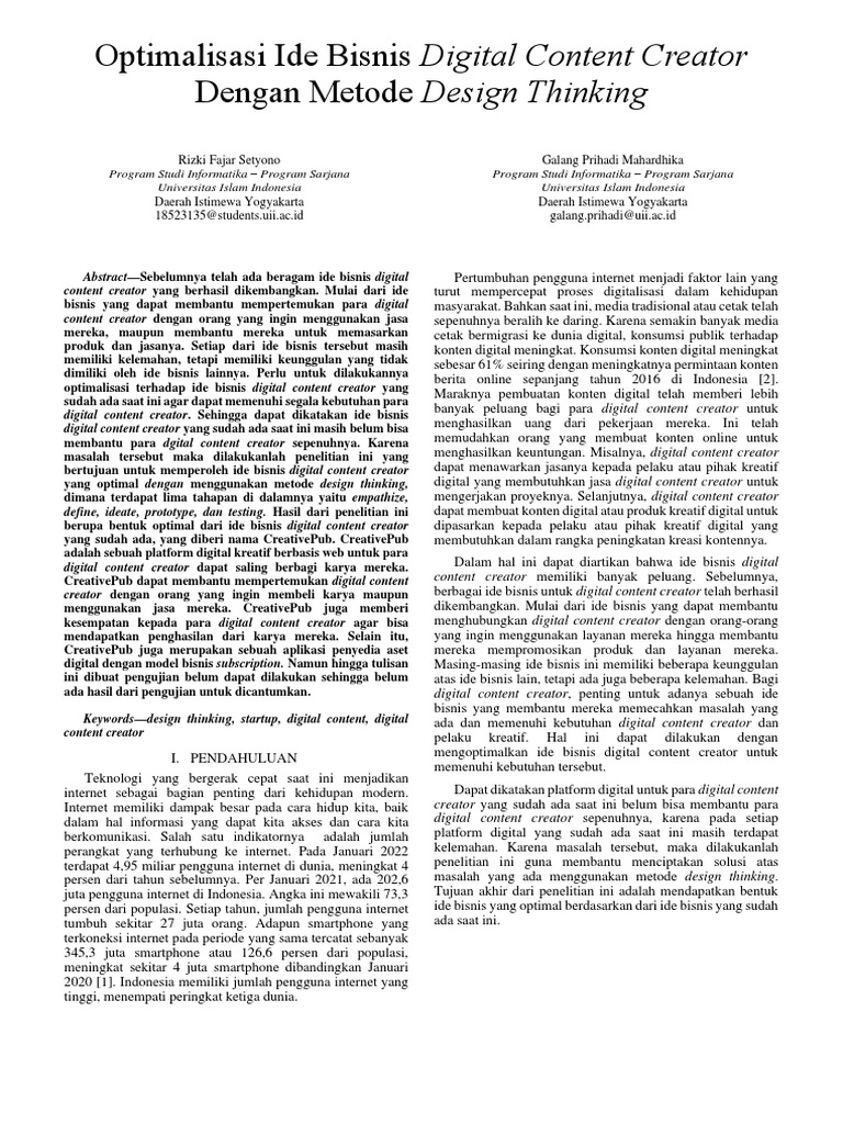 Optimalisasi Ide Bisnis Digital Content Creator Dengan Metode Design Thinking | PDF