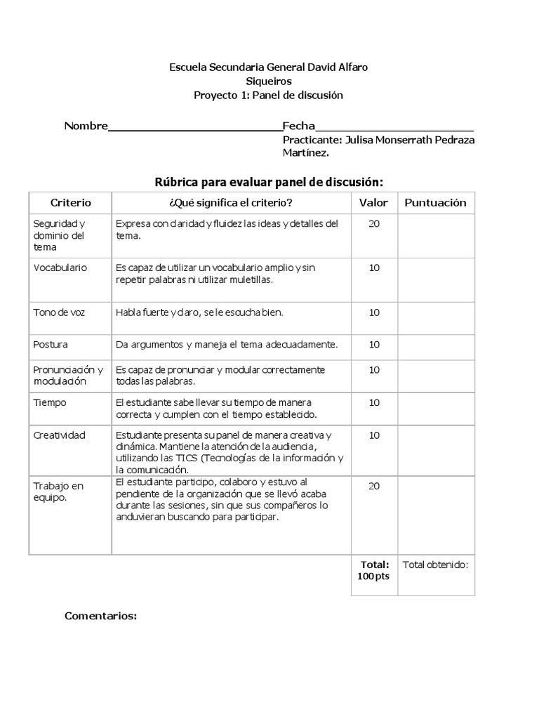 Rubrica Panel de Discusion. | PDF