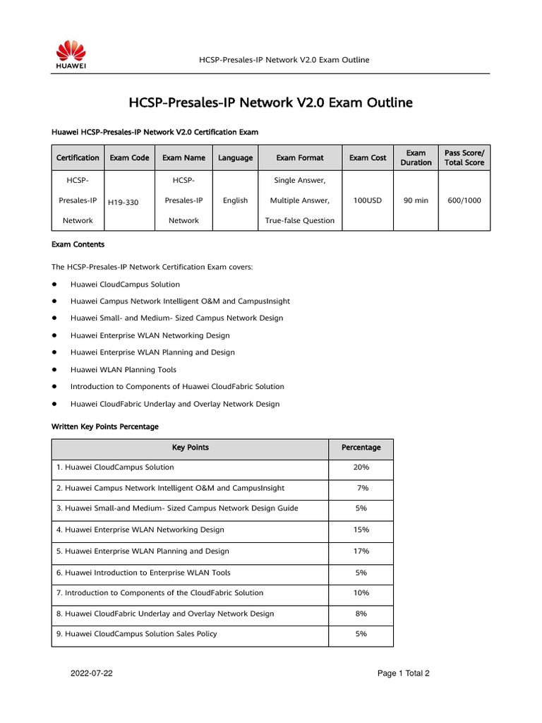 HCSP-Presales-IP Network V2.0 Exam Outline | PDF | Wireless Lan | Computer Network