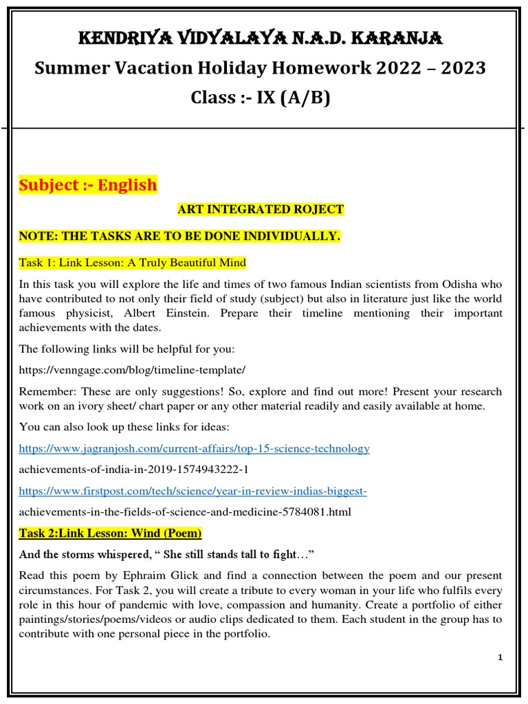 Summer Vacation Homework Class 9 - AB Session 2022 - 23 | PDF