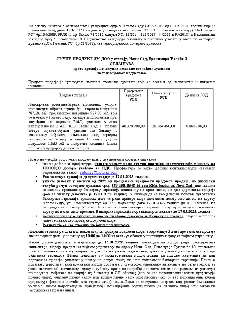 Oglas o Prodaji Lucic Produkt DM U Stečaju Za Prodaju 09.12.2022 | PDF