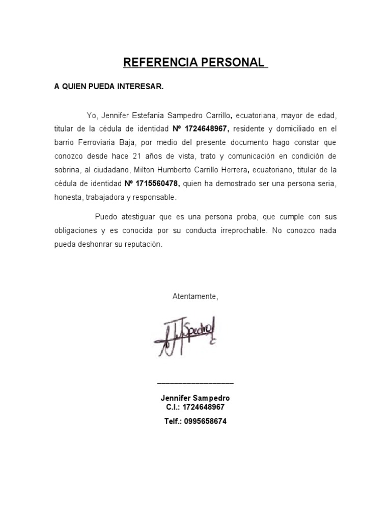 Modelo de Carta de Referencia Personal ForosEcuador - Ec | PDF
