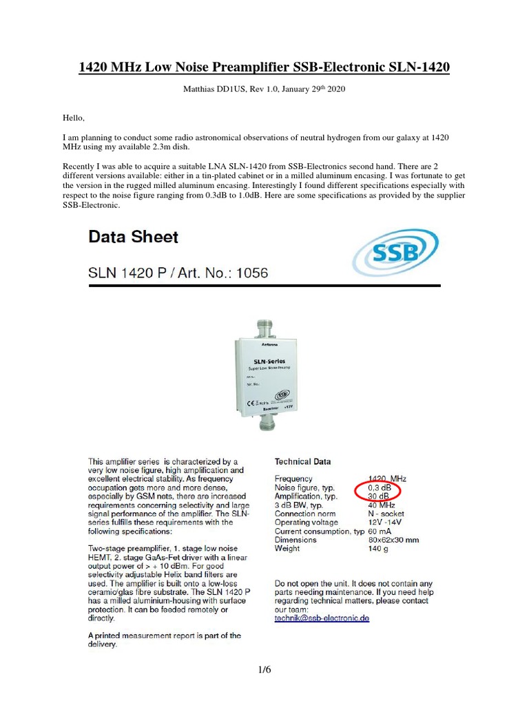 1420 MHZ LNA SSB-Electronic SLN-1420 1v0 | PDF | Decibel | Amplifier