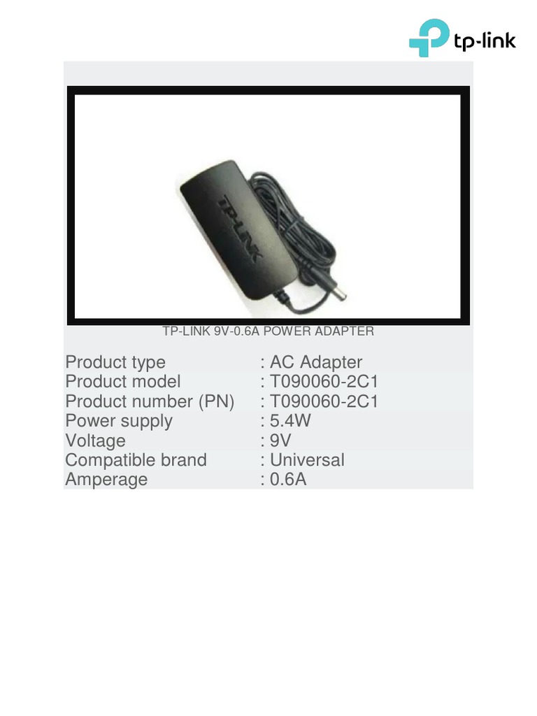 104_TP-LINK 9V-0.6A POWER ADAPTER | PDF